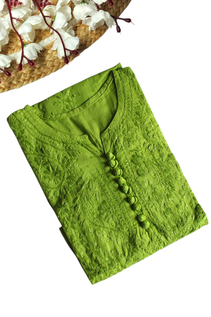 RIDA LIME GREEN DOBBY COTTON LONG KURTA – Chikankari Creations